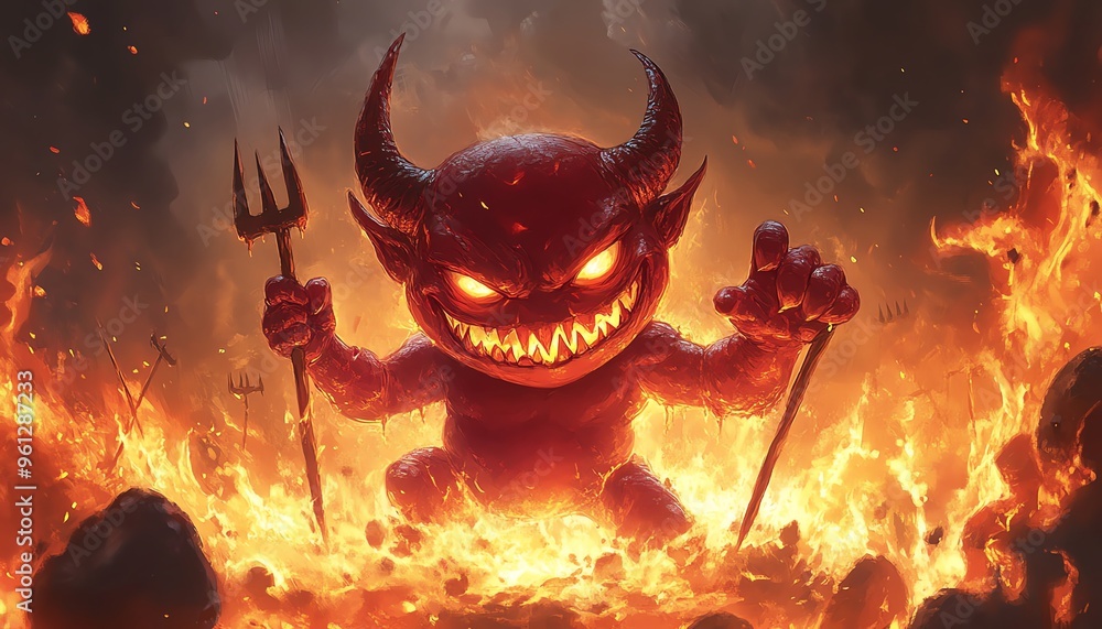 Cartoon devil character with a mischievous grin, making the rock hand ...