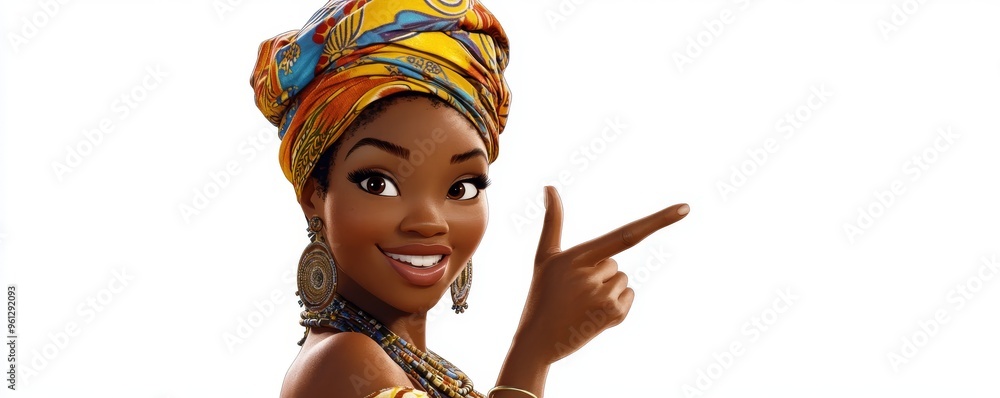 Smiling animated African woman in colorful traditional attire pointing ...