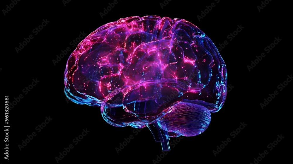 Holographic visualization of the human brain with active areas highlighted for in depth ...