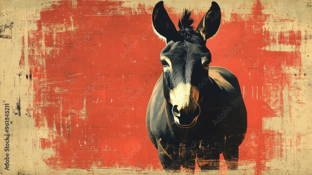 Woodblock print style, a donkey shown with bold, graphic lines and ...