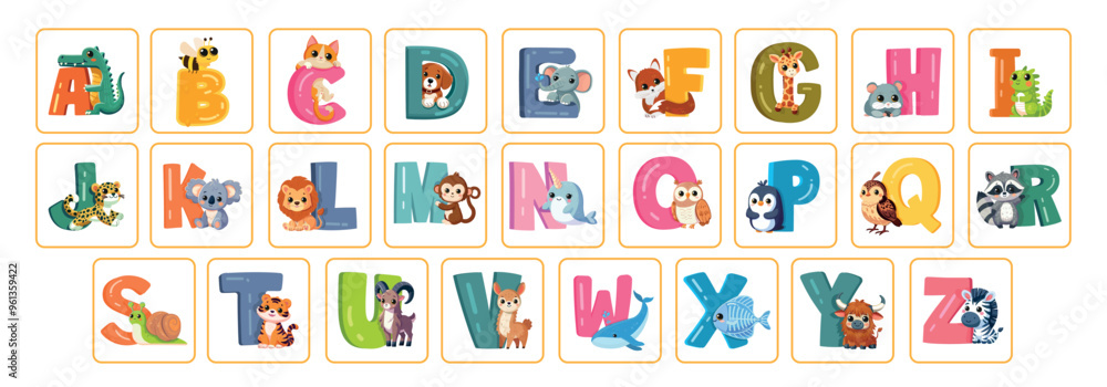 English alphabet flashcards with cartoon animals and letters. Cute ...