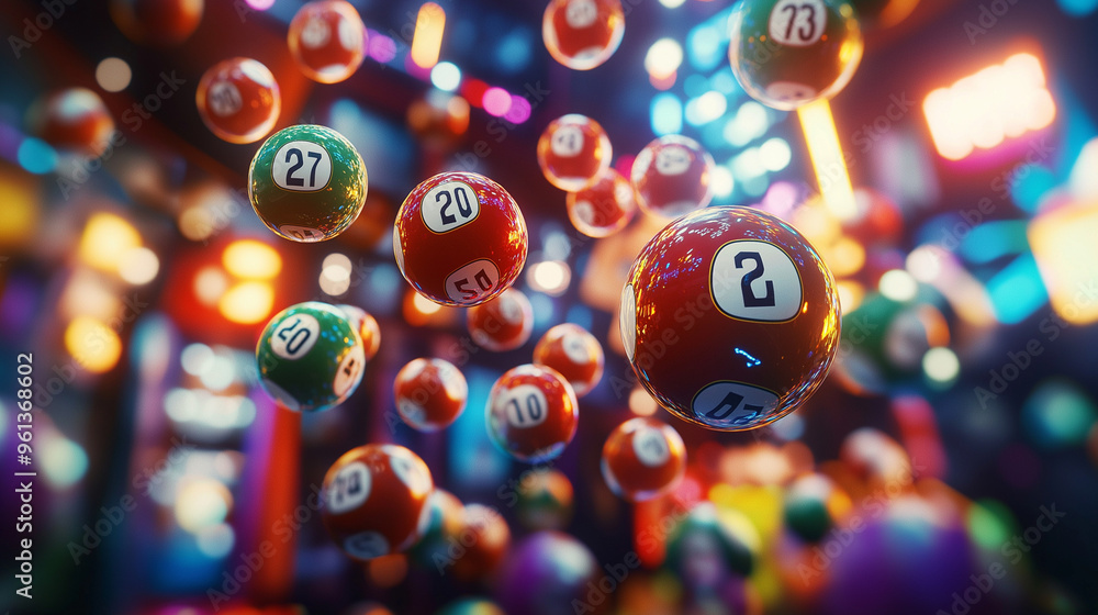 A cascade of bingo balls falling like a colourful waterfall, each ball ...