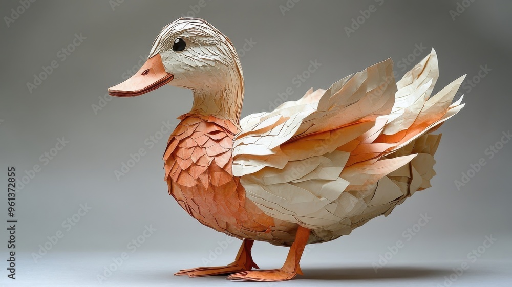 Paper art style, a duck crafted from layered and folded paper ...