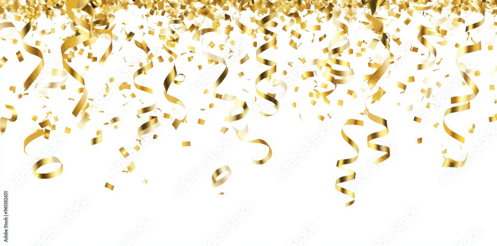Gold confetti and streamers on a transparent background with realistic ...