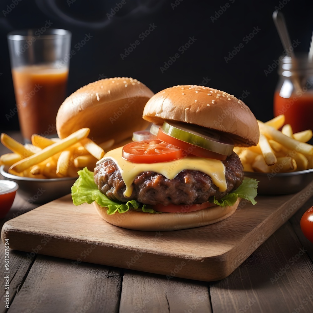 Burger banner. Spicy fast food in fire, hot burn chicken in flame with ...