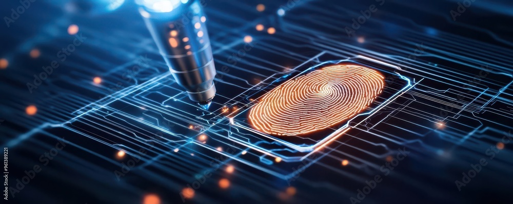 Fingerprint being scanned by a futuristic laser device, Biometric ...