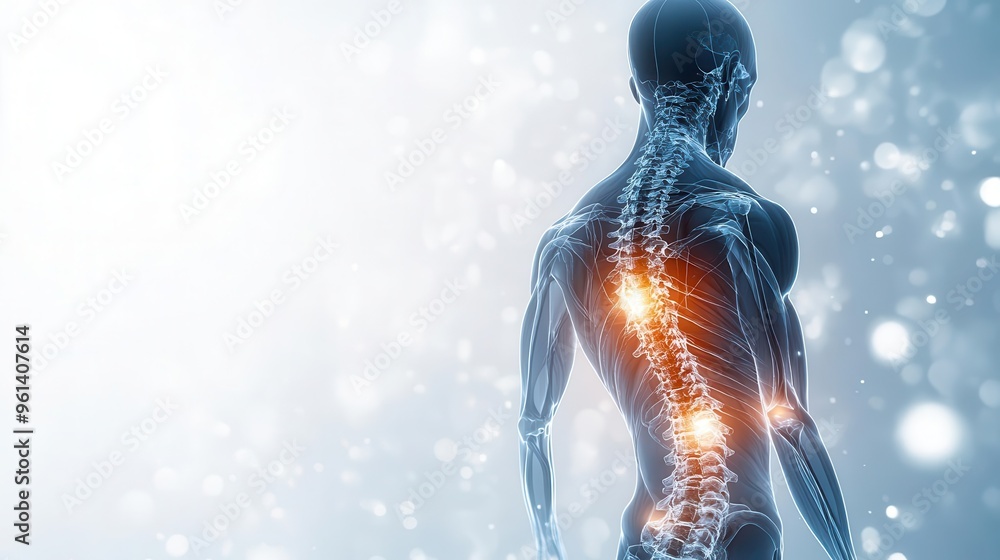 anatomical illustration of human spine and back muscles with ghostly ...