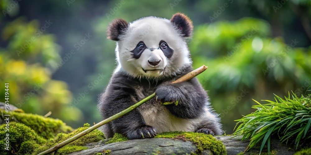 Adorable giant panda bear cub sitting upright on a moss-covered rock ...