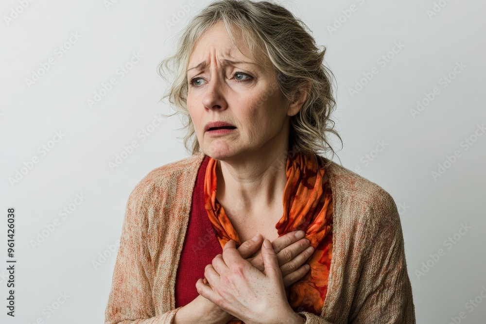 An older woman with short hair, a distraught look on her face ...