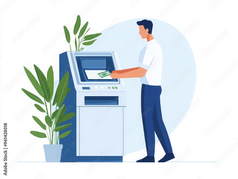 Illustration of a man using an ATM machine, performing a cash ...
