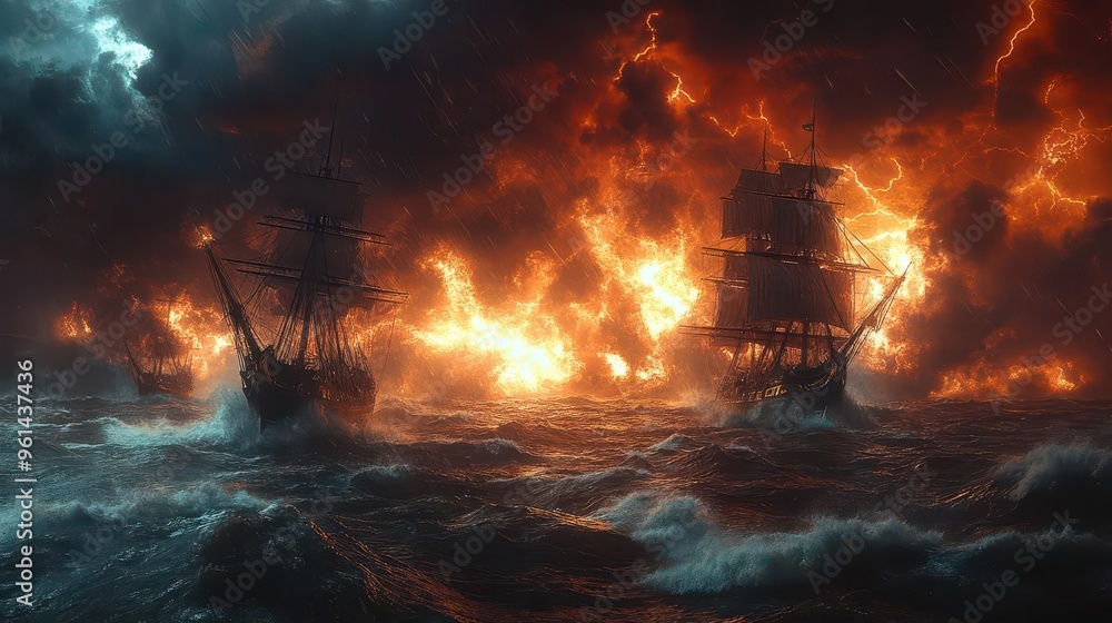 epic maritime battle scene with two ships caught in violent storm ...