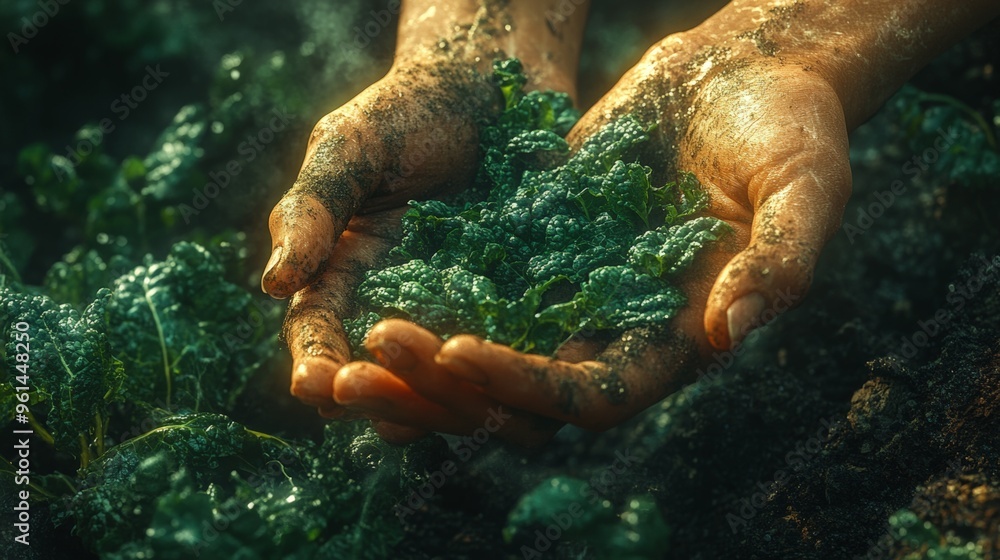 A womans hands turning into vines of spinach and kale as she touches ...