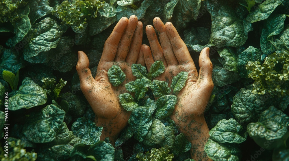 A womans hands turning into vines of spinach and kale as she touches ...