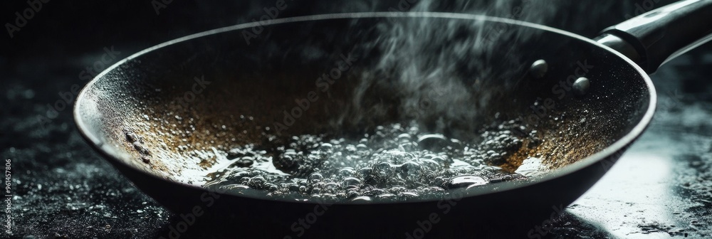 A close-up, dramatic, low-key photograph of a black skillet filled with ...