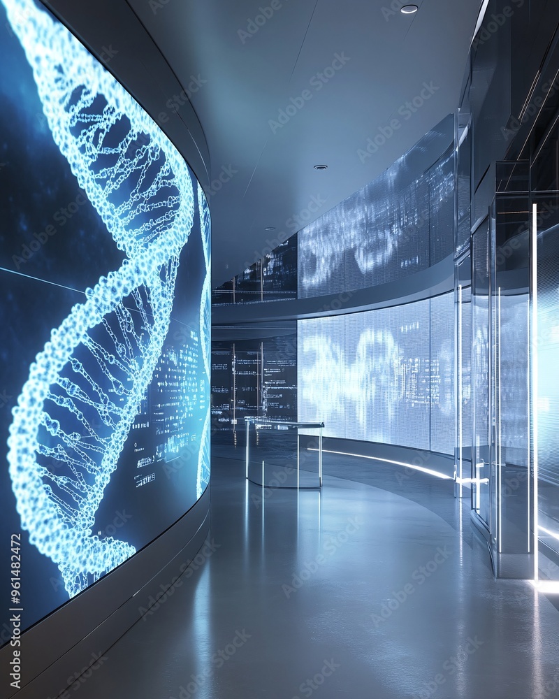 A modern biotechnology lab featuring digital displays of DNA and ...