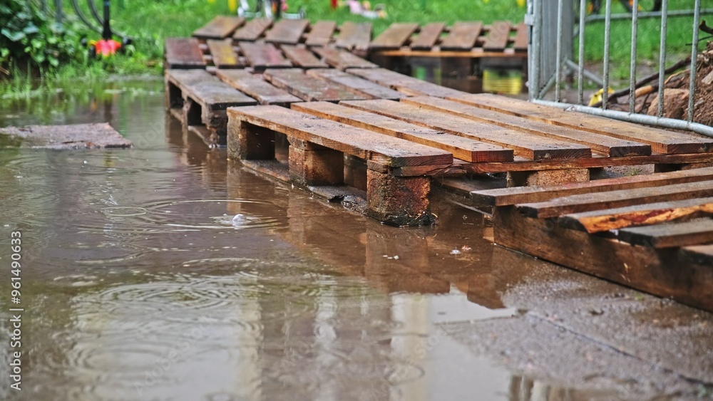 Wooden Transport Cargo Pallets Used as Temporary Pedestrian Walkway on ...