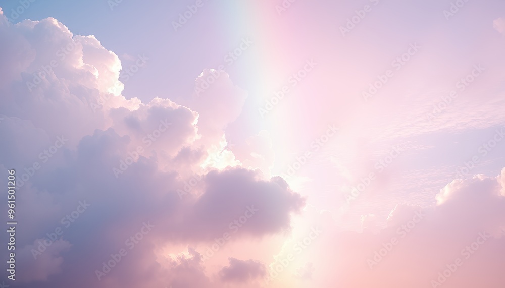Pink purple clouds in sky with faint rainbow Stock Photo | Adobe Stock