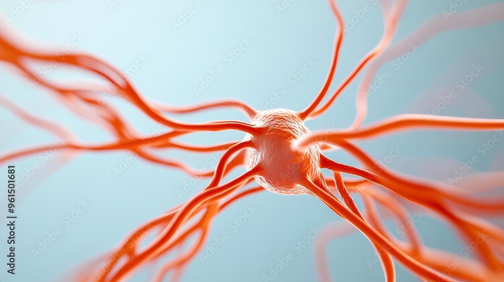 Motor neuron, connecting to muscle cell at neuromuscular junction, 3D ...