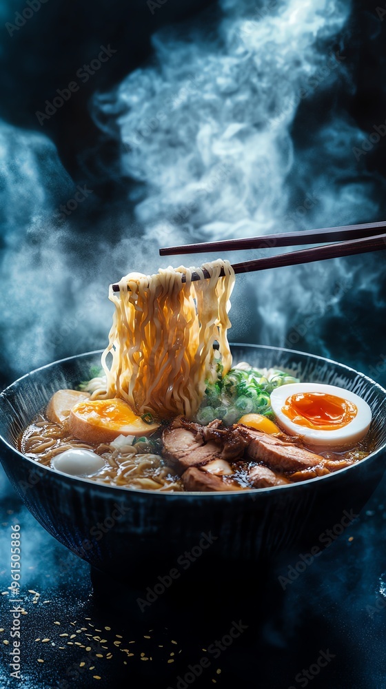 Japanese ramen bowl with misty steam, black backdrop, surreal floating ...