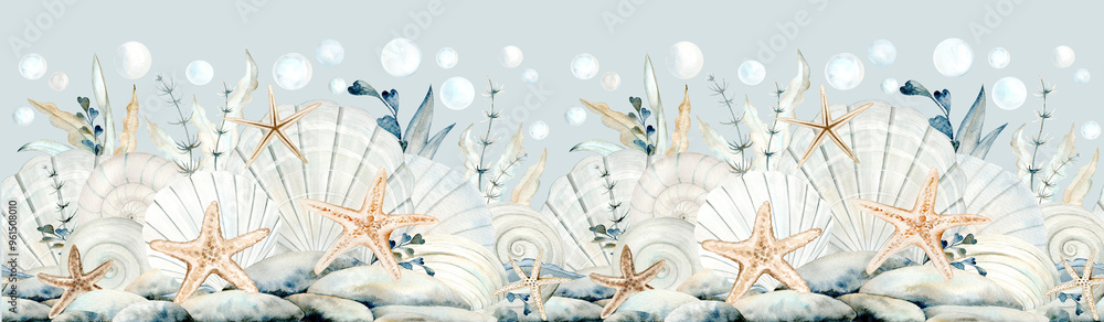 Seamless border of beige sea shells, zed and pebbles watercolor ...
