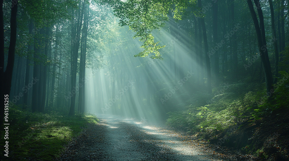 The peaceful forest path was shrouded in mist, with tall trees lined up ...