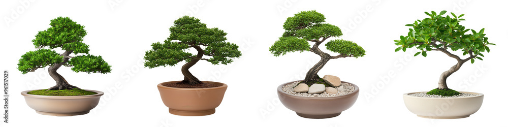 Four beautiful bonsai trees in various pots showcasing intricate ...