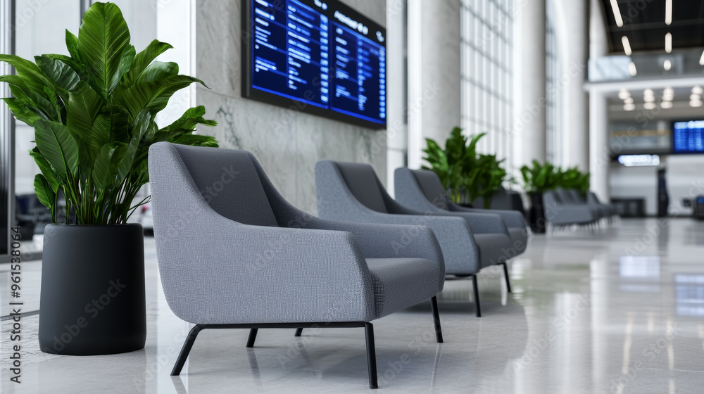 High-tech airport business lounge with digital screens displaying ...