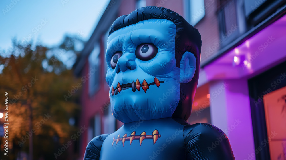 Inflatable Frankenstein monster with bolts on his neck towering over a ...