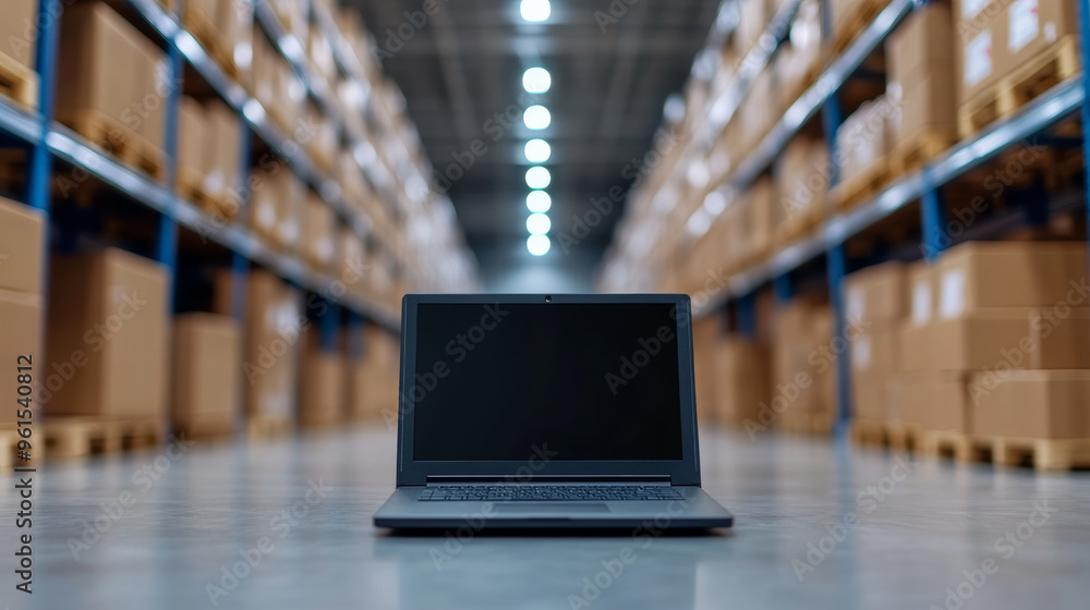 Inventory management system on a screen showing organized warehouse ...