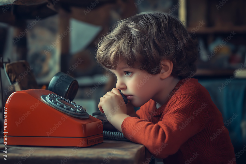 Curious child with vintage rotary phone, nostalgic childhood moment ...