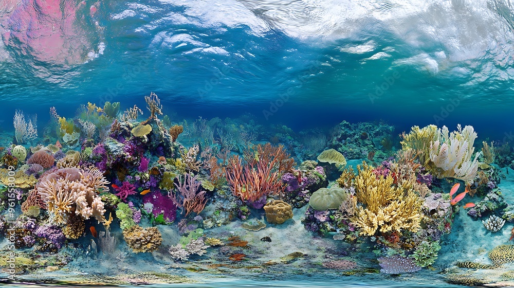 A digital model of a marine ecosystem highlighting coral reefs and ...