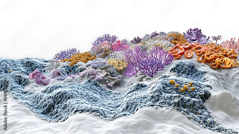 A digital model of a marine ecosystem highlighting coral reefs and ...