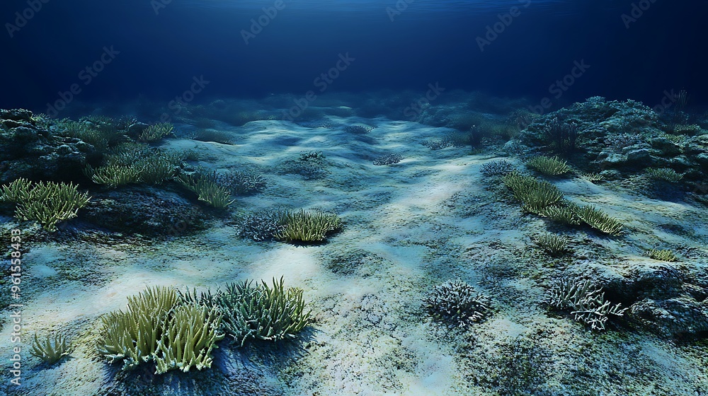 A digital model of a marine ecosystem highlighting coral reefs and ...