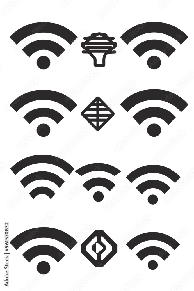Monochromatic Wi-Fi Icons Indicating No Internet Connection, Bad Signal, and Network Problems ...