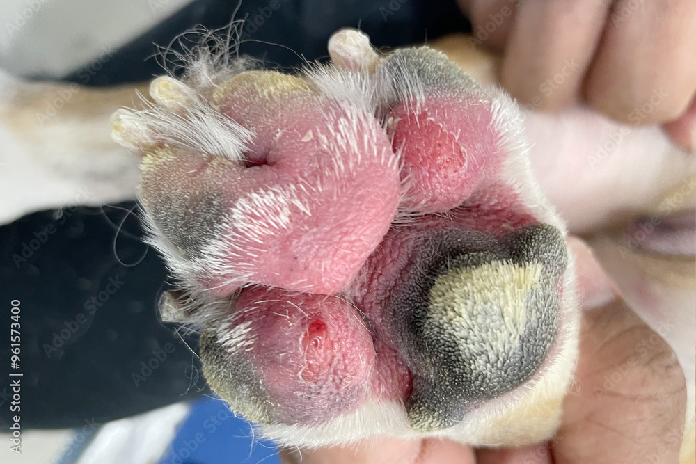 Allergy in dogs white color close-up photo of a dog's paw with atopic ...