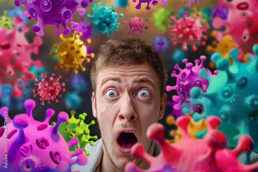 His emotion conveys tense and uneasy moment of fear. Young man's face ...