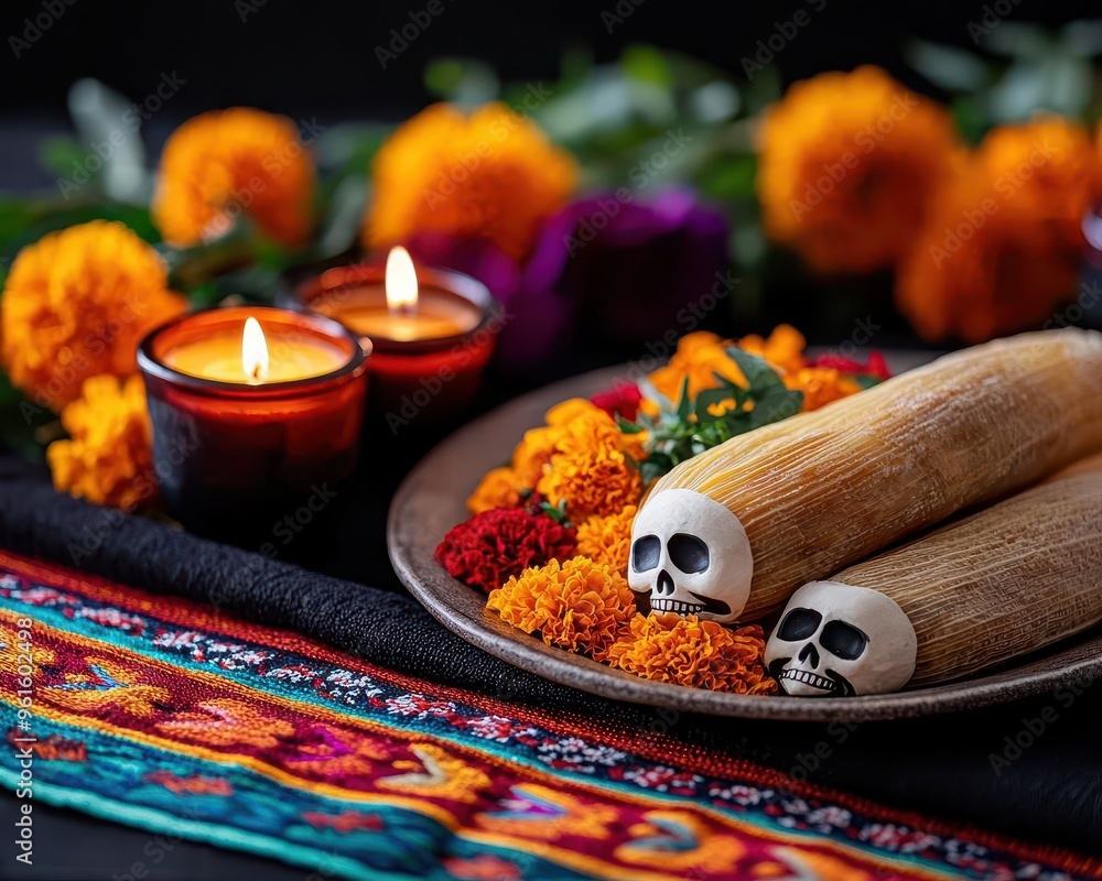 Pan de muerto and tamales displayed on a colorful Day of the Dead altar ...