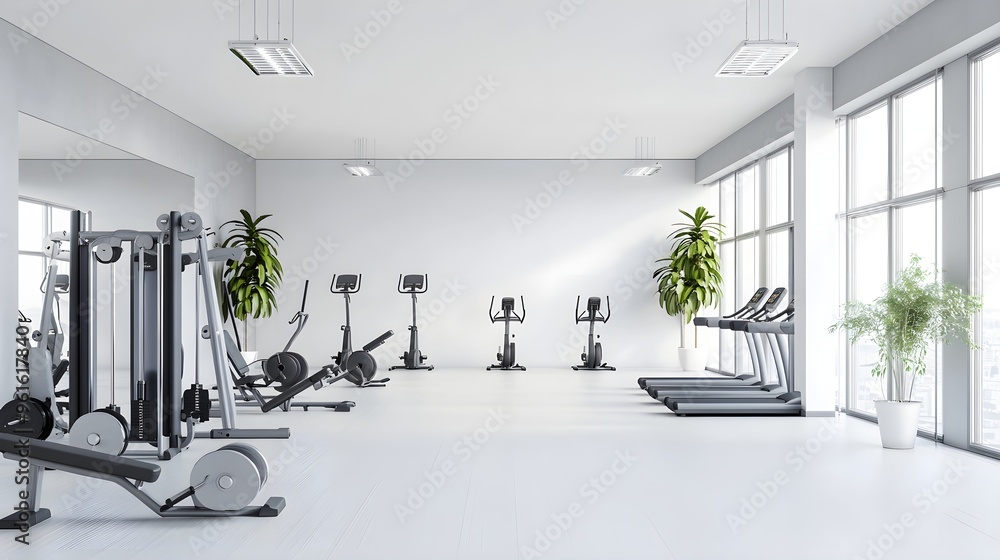A spacious gym interior with modern workout equipment on a white ...