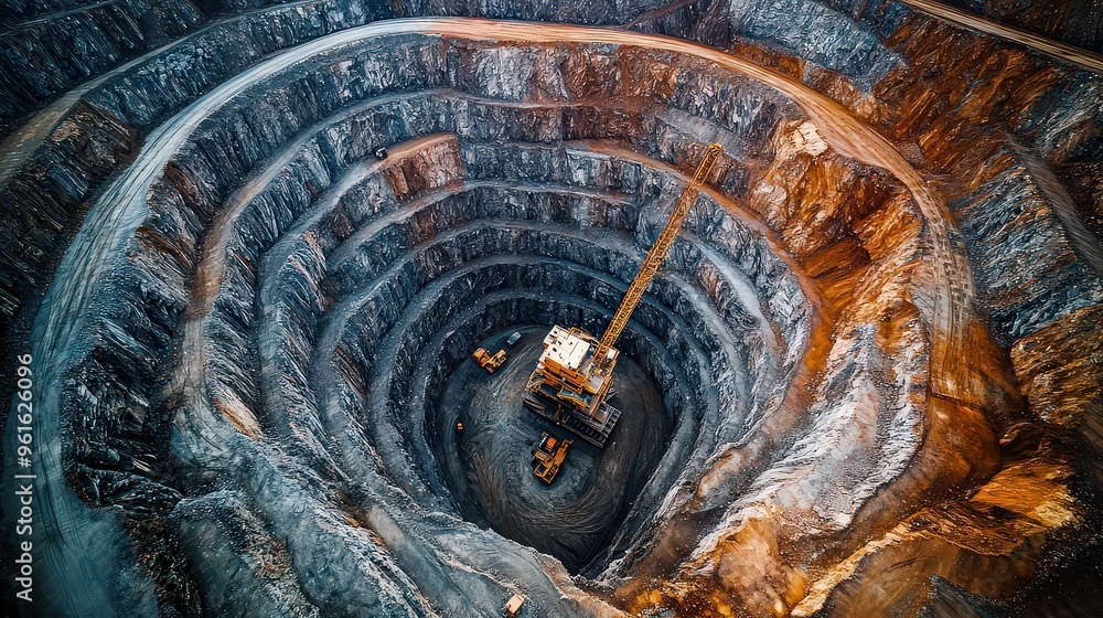 Aerial view of a massive open-pit mine, revealing the scale and depth ...