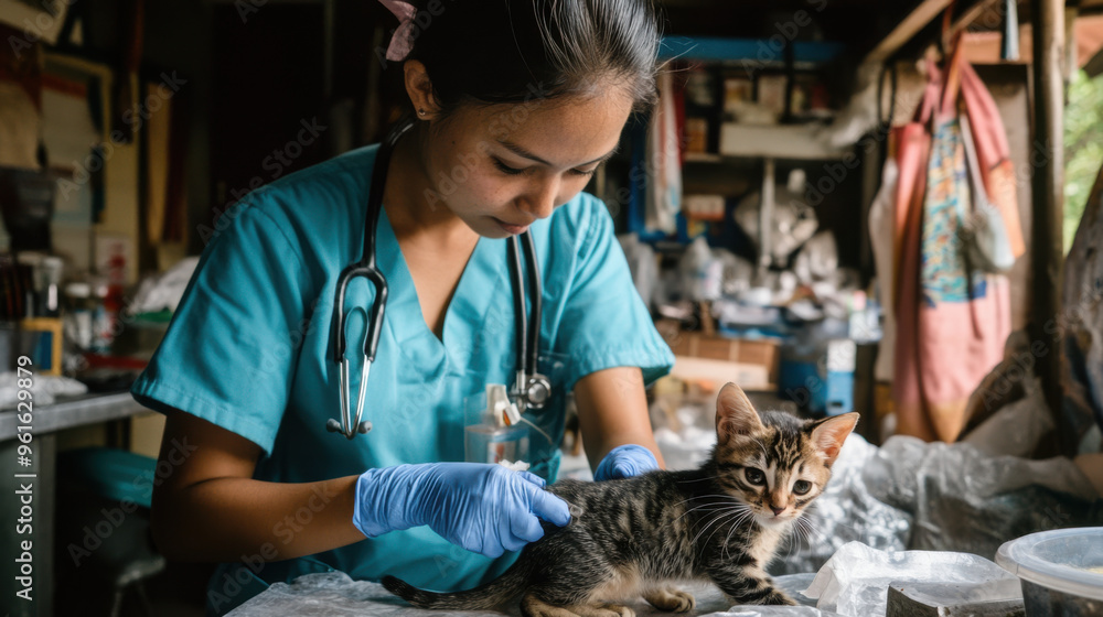 Philippine vet, treating a stray cat in a busy city veterinary clinic ...