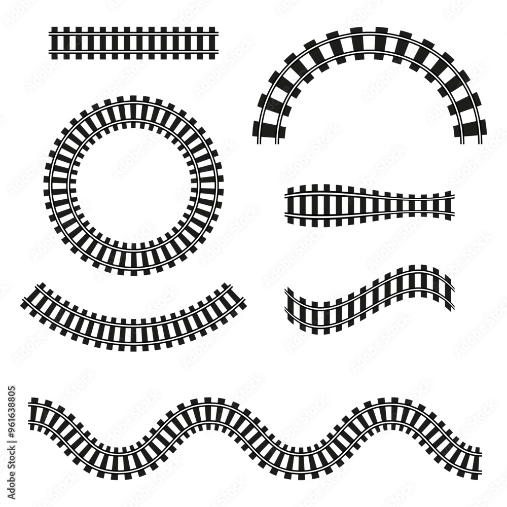Railway track illustrations. Curved and wavy rail shapes. Black and ...