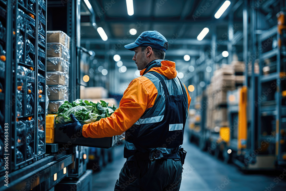 Warehouse worker loading truck with fresh produce in distribution ...