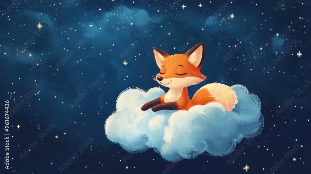 Charming cartoon fox floating on a fluffy cloud in a starry night sky ...