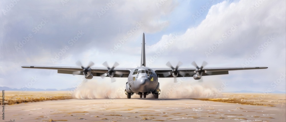 A painting of an airplane lifting off from a runway, emitting smoke ...