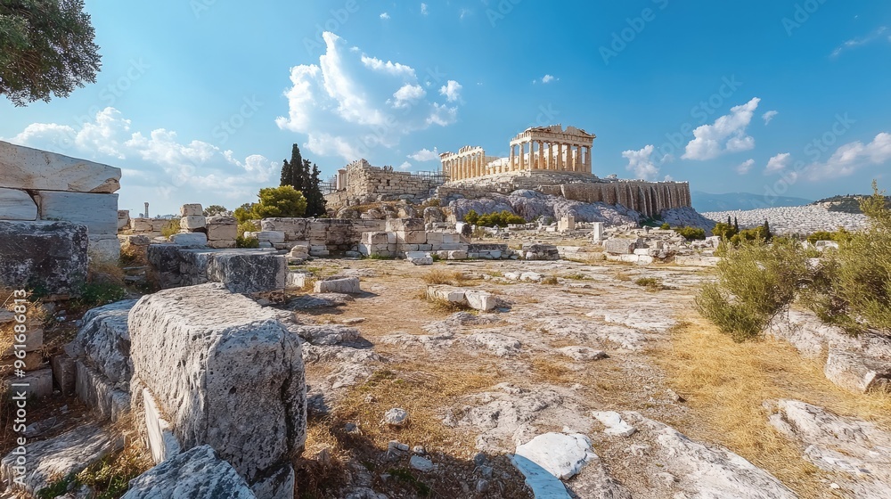 Empty Acropolis of Athens, Greece, with a clear view of the Parthenon ...