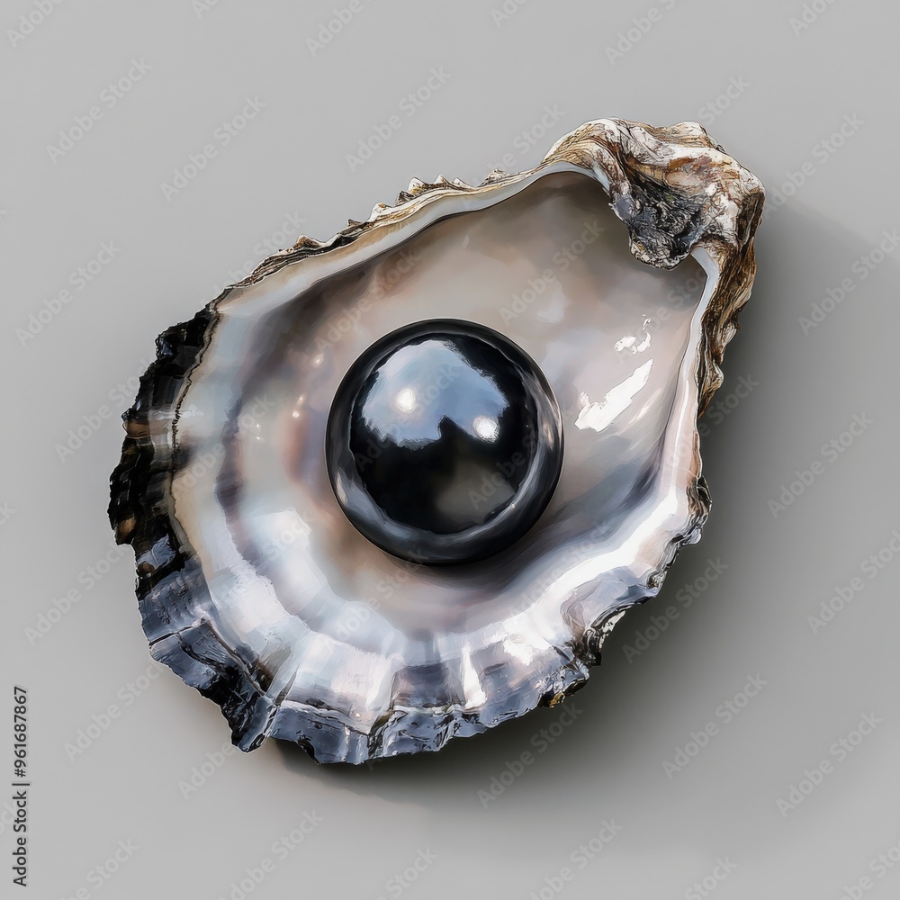 Black Pearl. Elegant Black Pearl in Open Oyster Shell on Gray ...