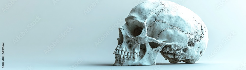 Close-up view of a hyper-realistic skull in 3D, highlighting detailed ...
