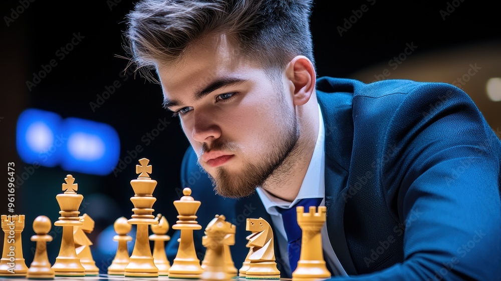 Intense chess player focused on a strategic game. Captivating moment ...