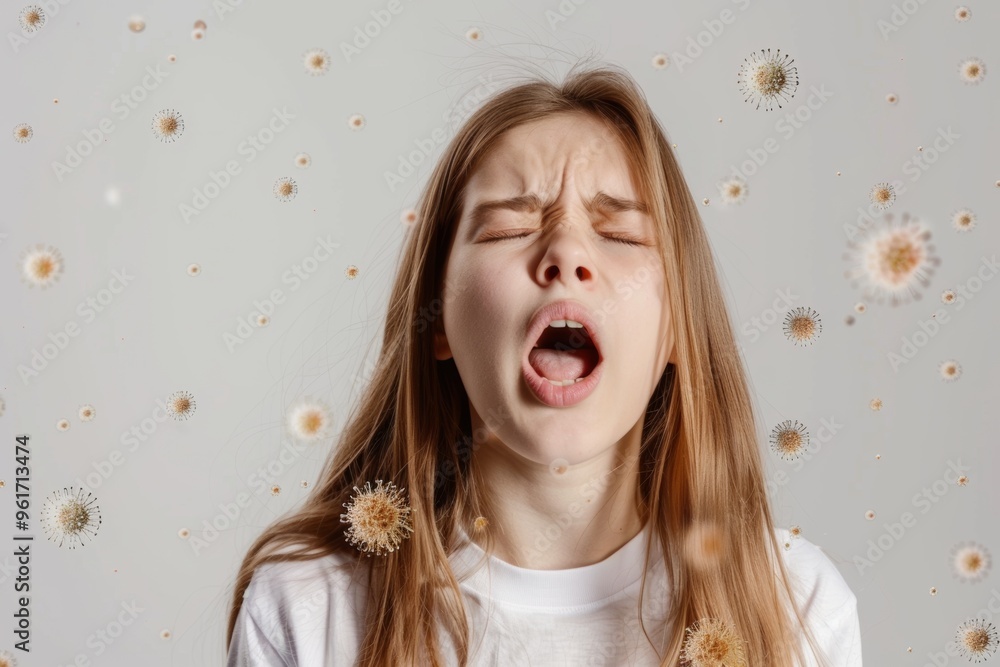 Teen girl sneezes microscopic viruses flying from her nose. Teen immune ...