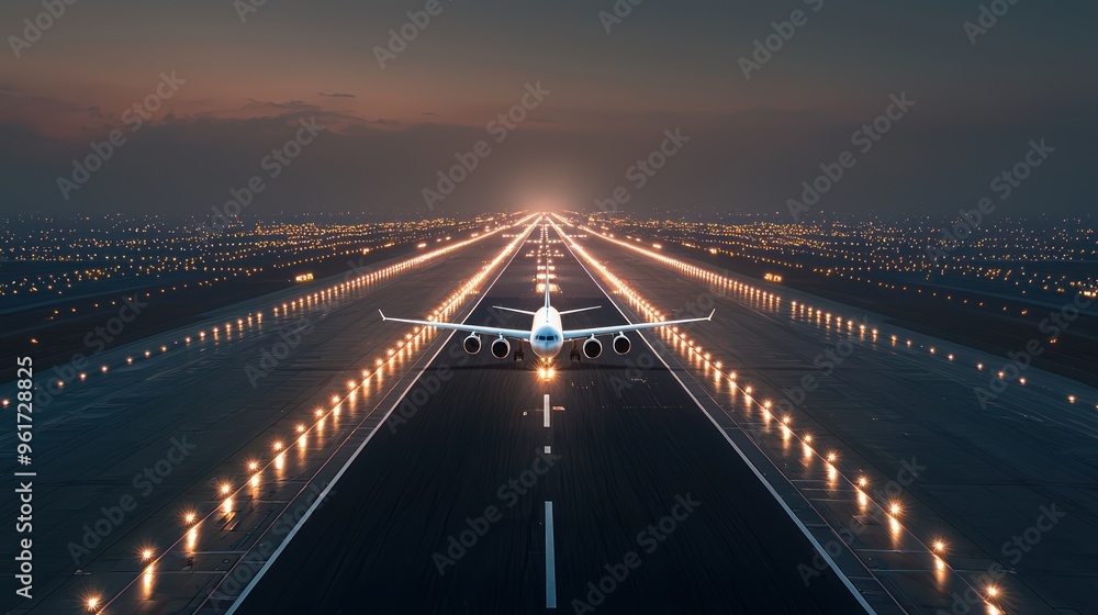 Glowing Nighttime Aerial View of Illuminated Airport Runway Showing ...